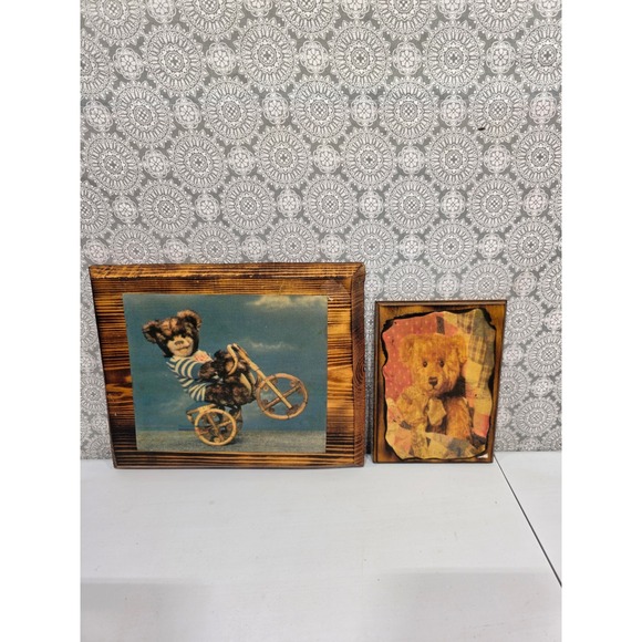 Art | Vintage Teddy Bear Wood Block Art Prints Set Rustic Home Decor ...